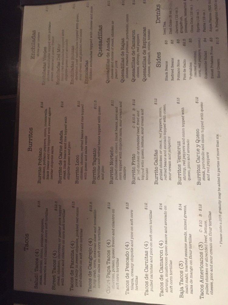 Menu at Salud Mexican Kitchen & Tequila Lounge restaurant, Camden