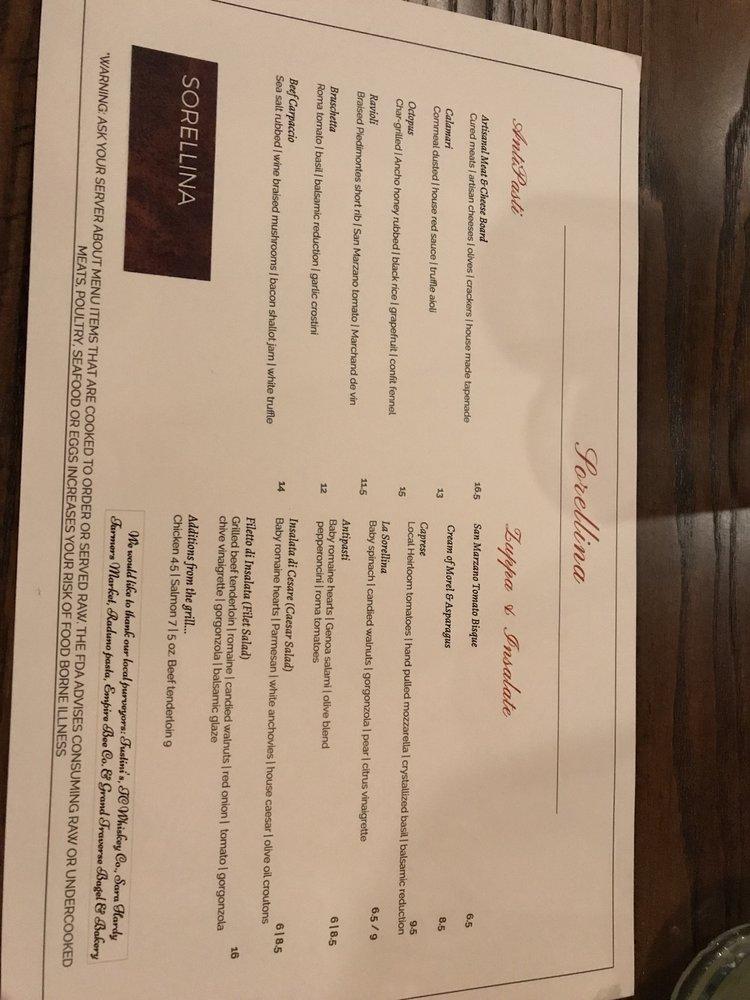 Menu at Sorellina restaurant, Traverse City, 250 E Front St Suite 110