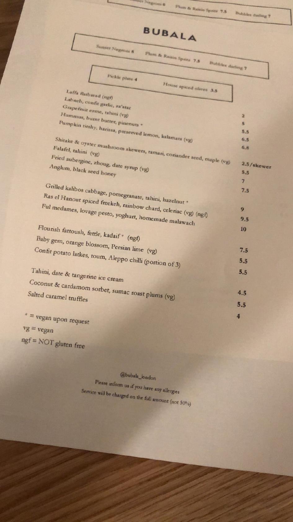 Menu at Bubala Spitalfields restaurant, London