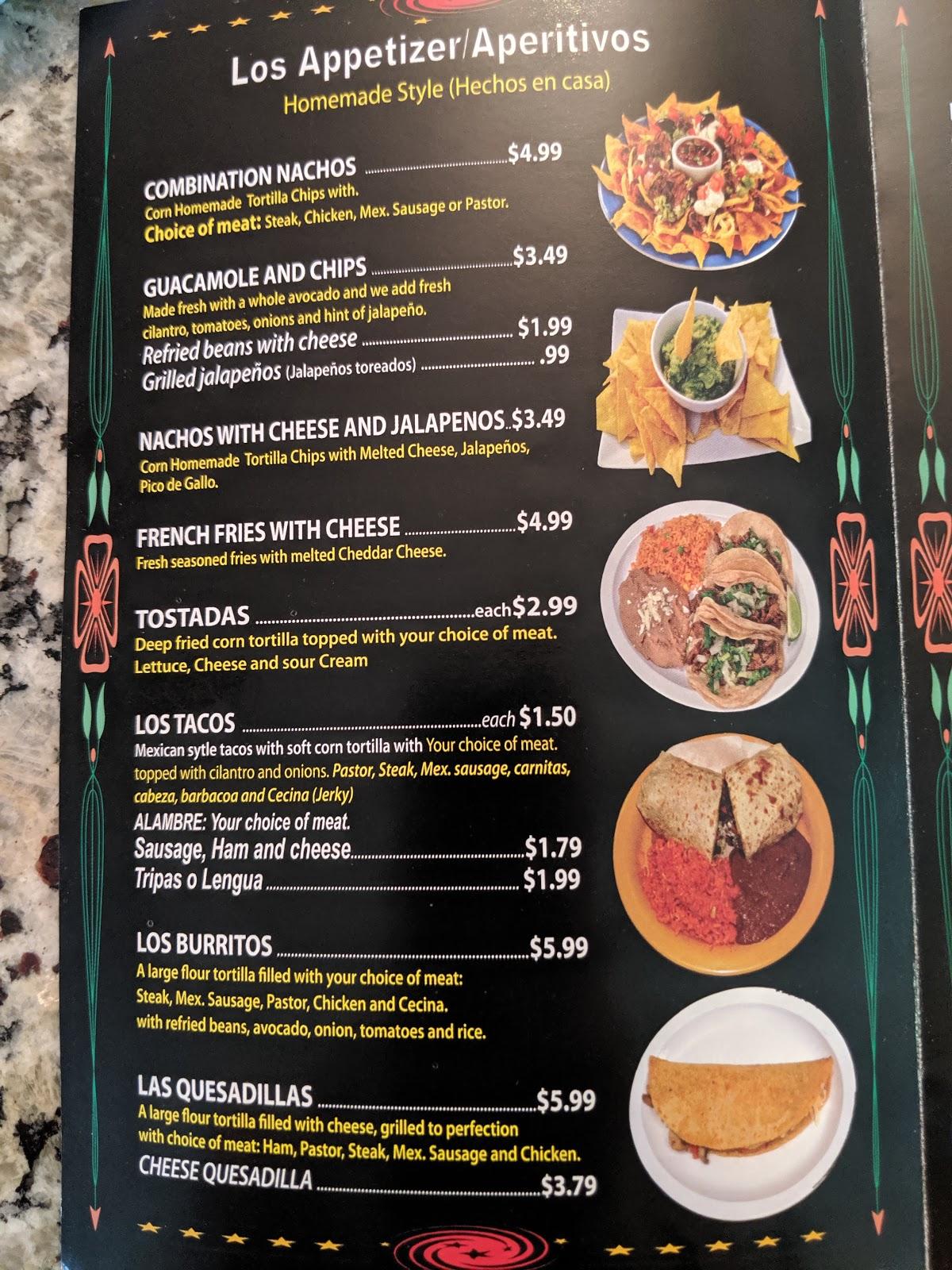 Menu at Nachos Tacos restaurant, Janesville
