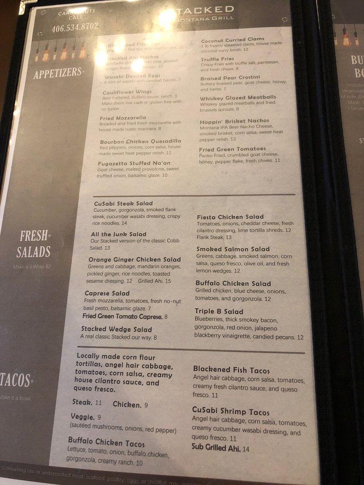 Menu at Stacked A Montana Grill restaurant, Billings
