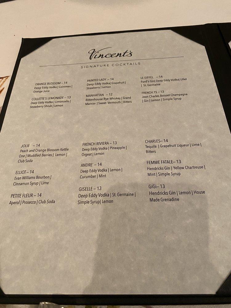 Menu at Vincent's pub & bar, Escondido