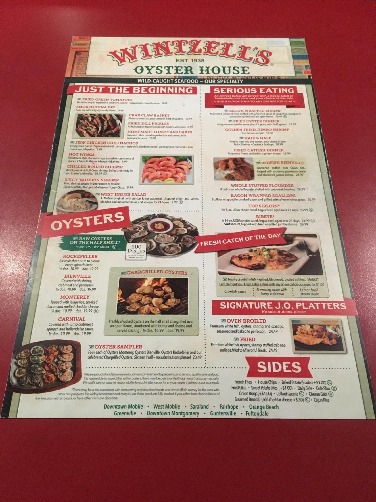 Menu at Wintzell's Oyster House restaurant, Mobile, 605 Dauphin St