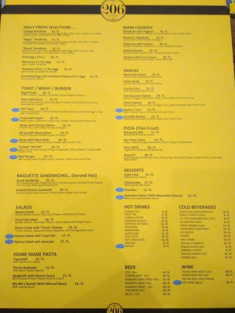 Menu at 206, Istanbul