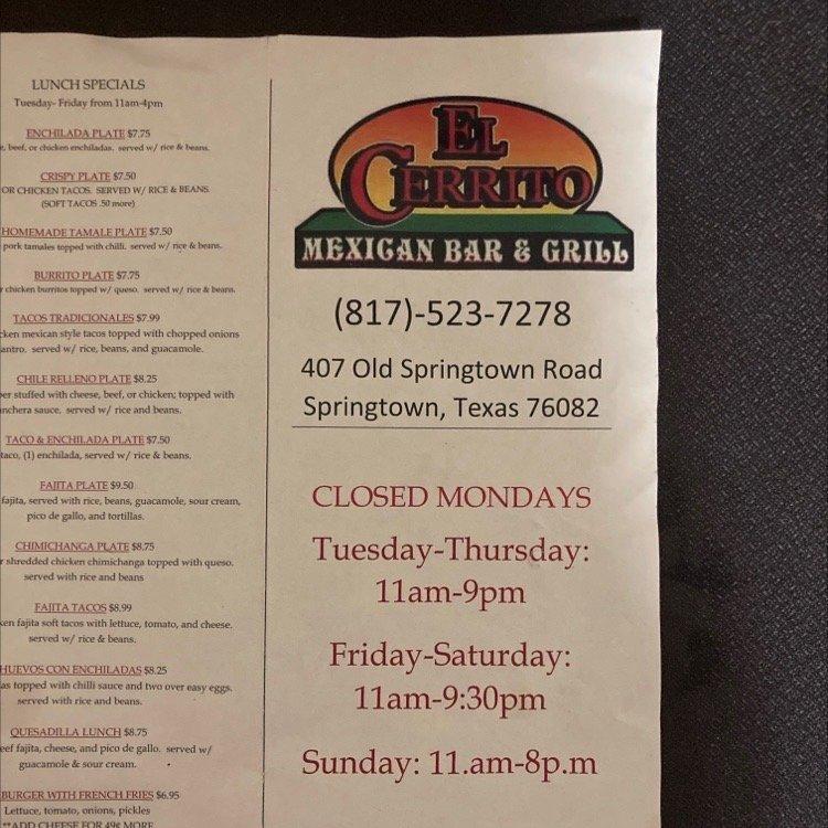Menu at El Cerrito Mexican Restaurant Grill, Springtown