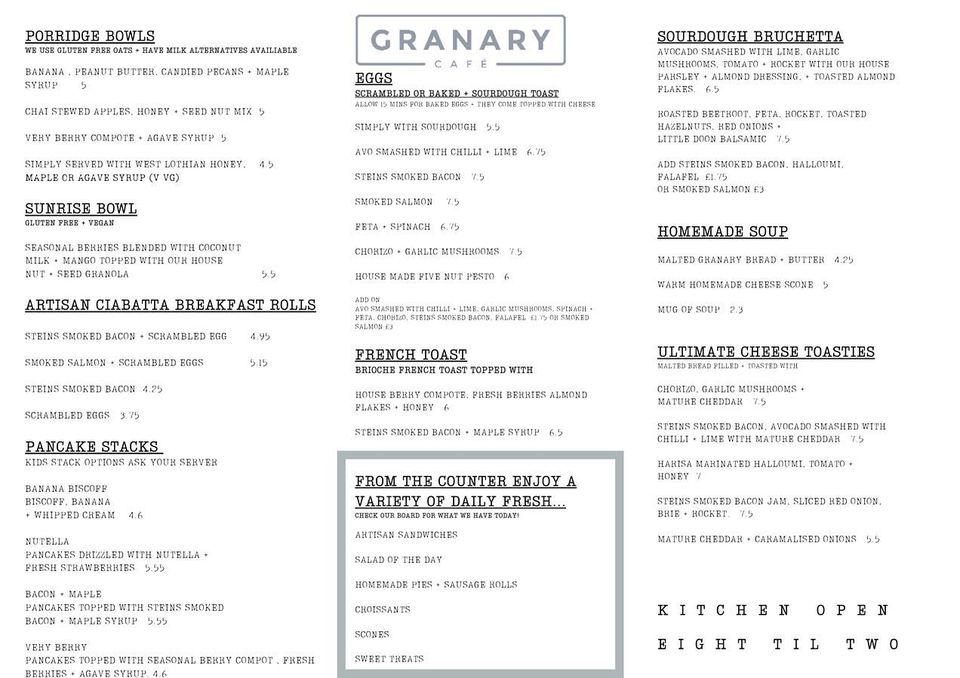 Menu at Granary Cafe, Linlithgow