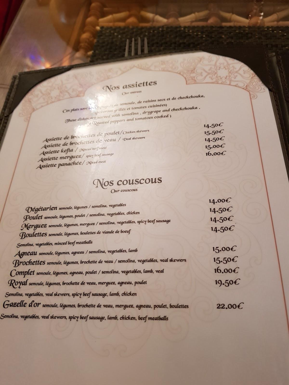 Menu au La Gazelle d'Or restaurant, Belfort
