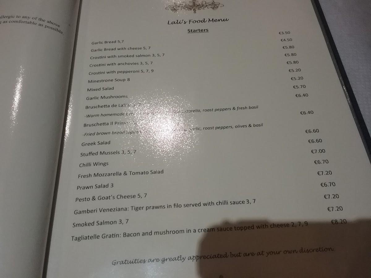 Menu at Lali's Restaurant Strand Road Portmarnock Co Dublin, Portmarnock