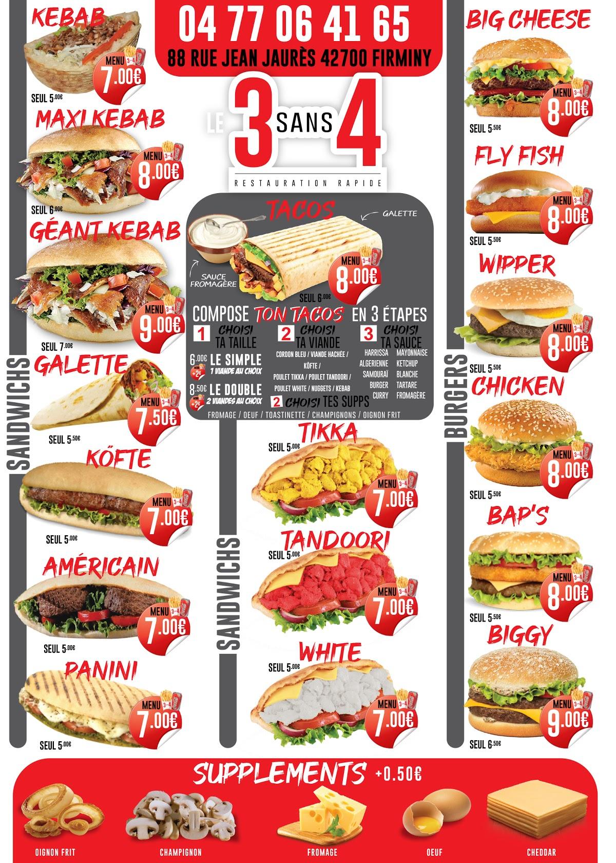 Menu at Le 3 sans 4 restaurant, Firminy