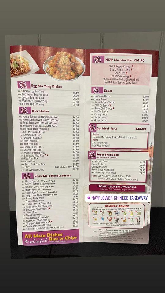 Menu at Mayflower Chinese fast food, Keith