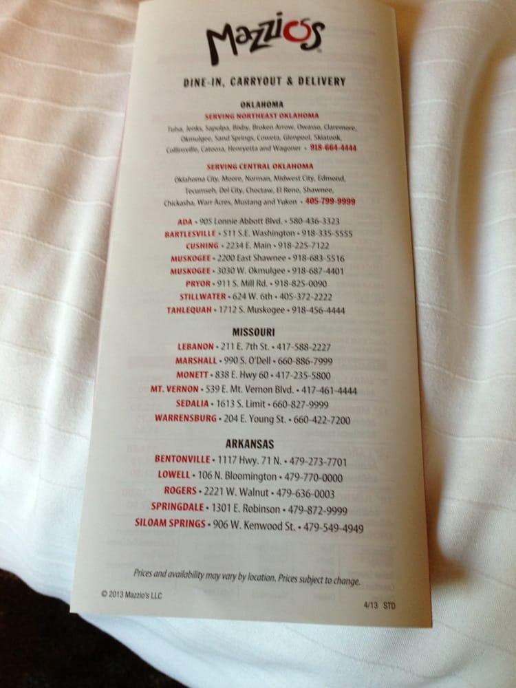 Menu at Mazzio's Pizza pizzeria, Warrensburg