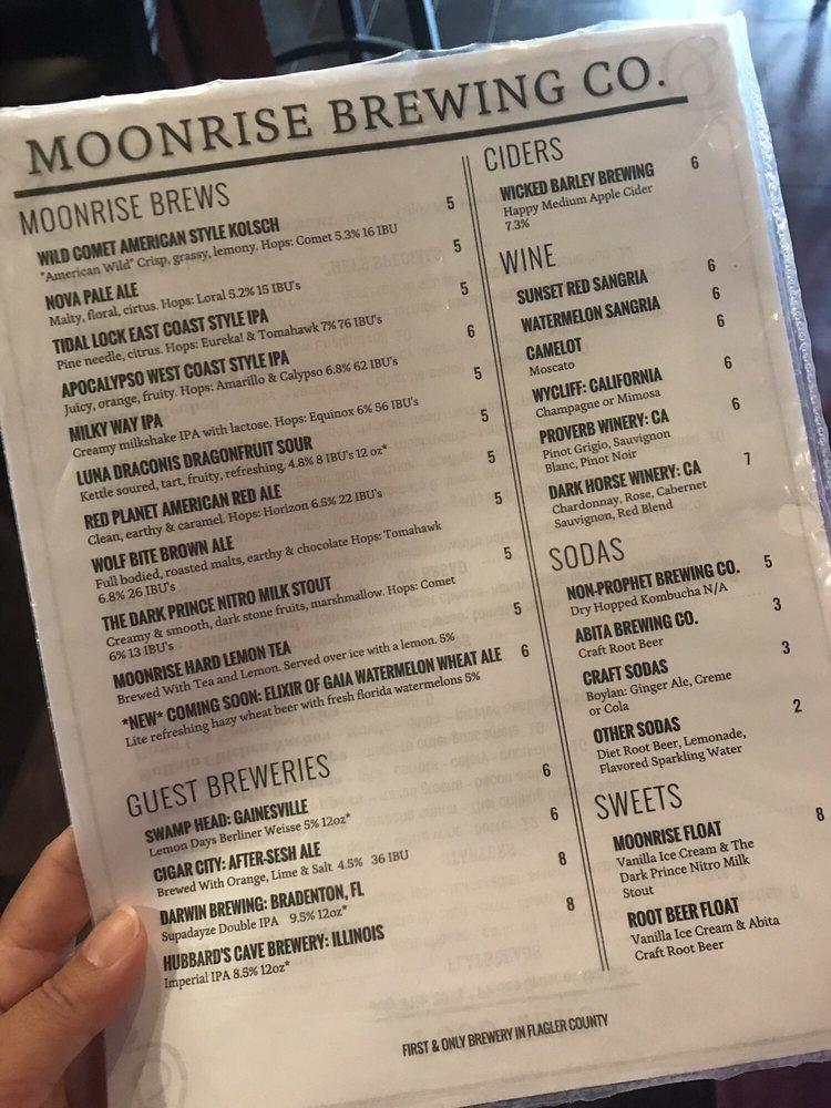 Menu at Moonrise Brewing Company pub & bar, Palm Coast