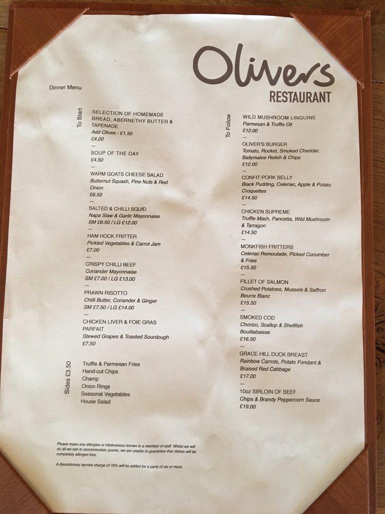 Menu at Olivers Restaurant, Belfast, 405 Upper Newtownards Rd