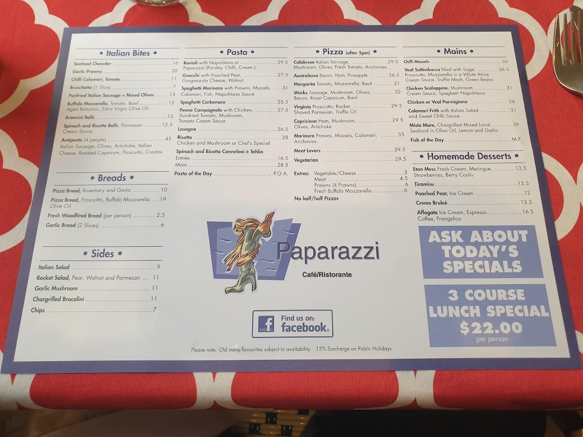 Menu at Paparazzi Cafe, Mandurah