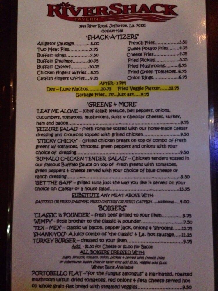 Menu at Rivershack Tavern pub & bar, Jefferson, River Rd