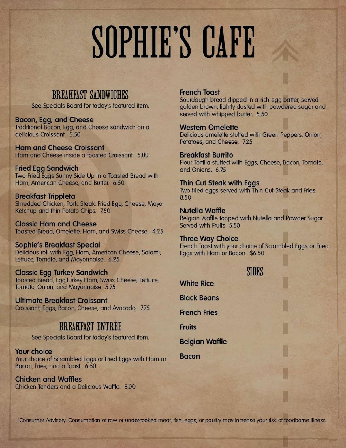 Menu at Sophie’s Cafe, Sebring