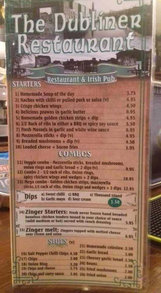 Menu at The Dubliner restaurant, Salou