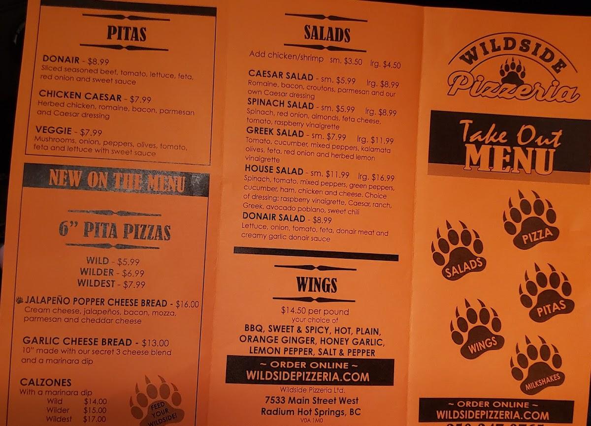 Menu at Wildside Pizzeria, Radium Hot Springs