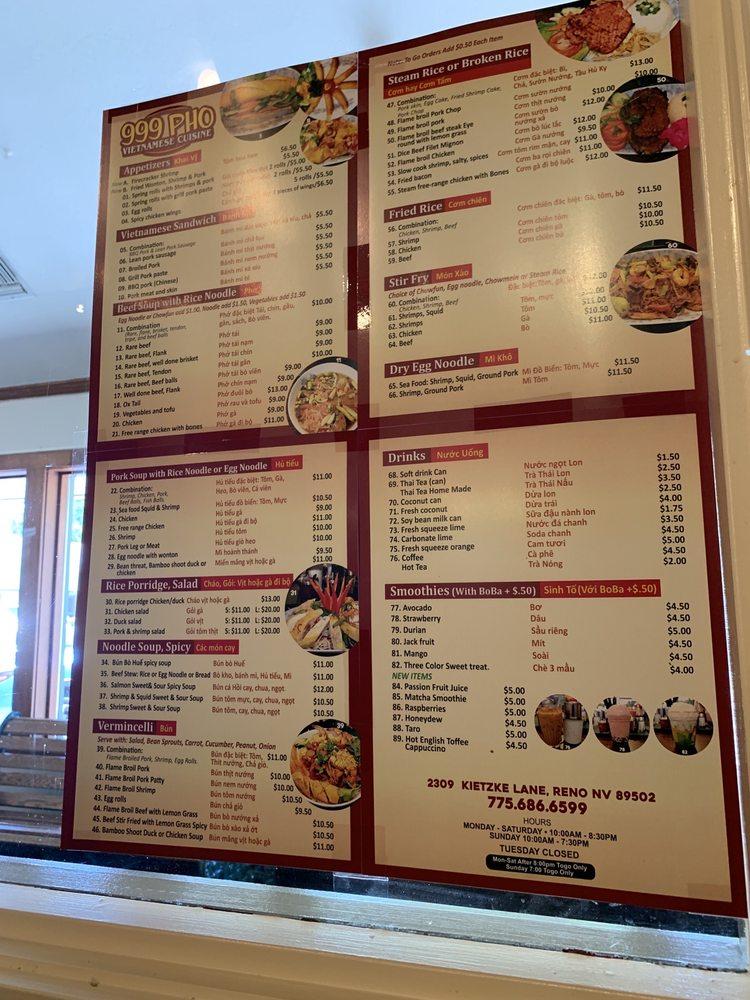 Menu at 999 Phở restaurant, Reno, Kietzke Ln