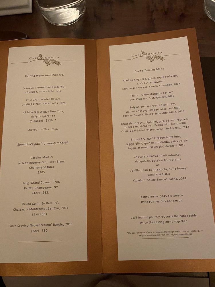 Menu at Cafe Juanita, Kirkland