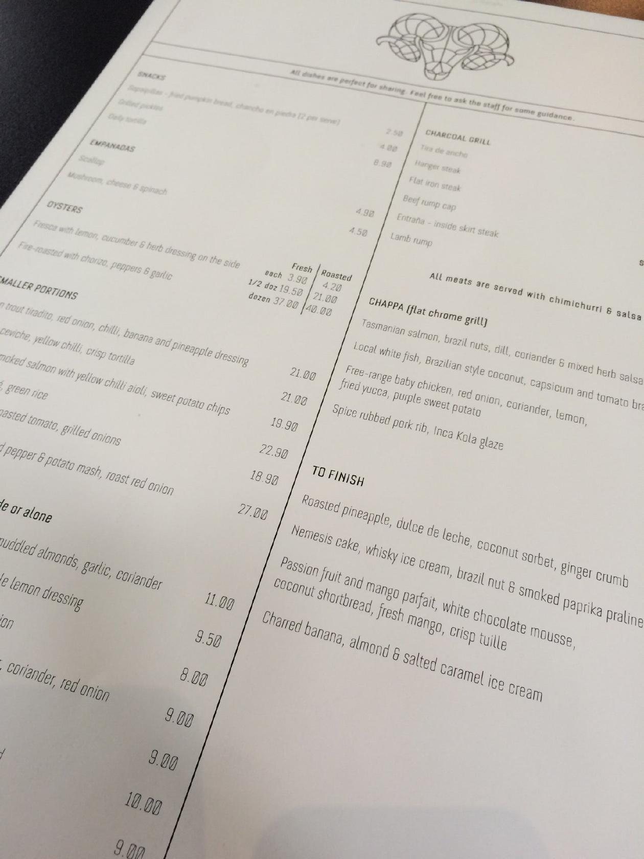 Menu at Frank Restaurant, Hobart