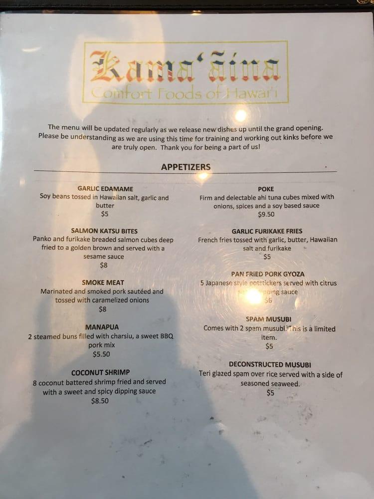 Menu at Kama'aina restaurant, Forest Grove