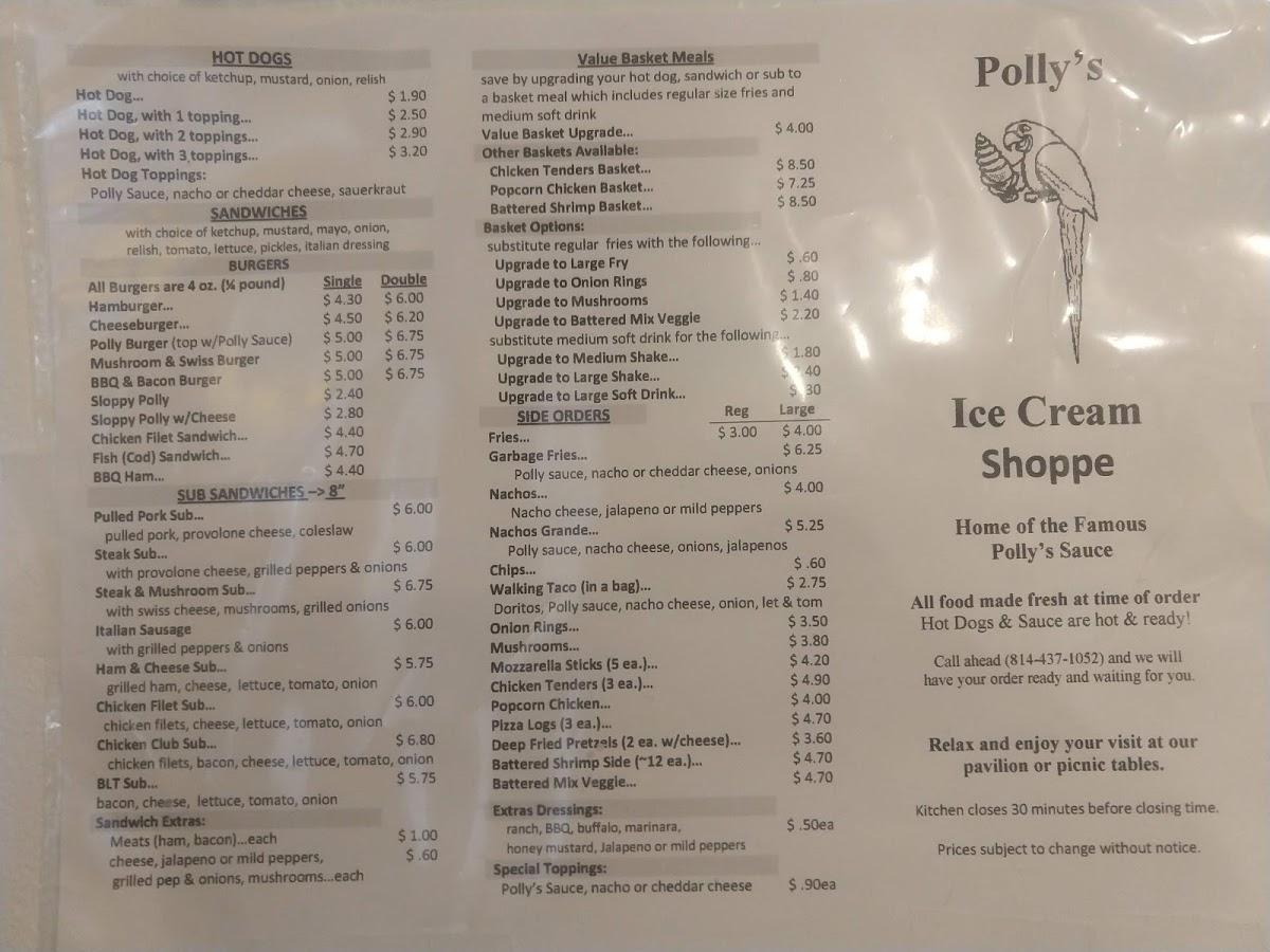 Menu at Polly's Ice Cream cafe, Franklin