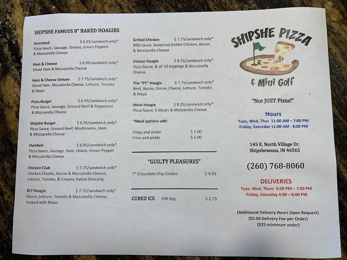 Menu at Shipshe Pizza & Mini-Golf, Inc. pizzeria, Shipshewana