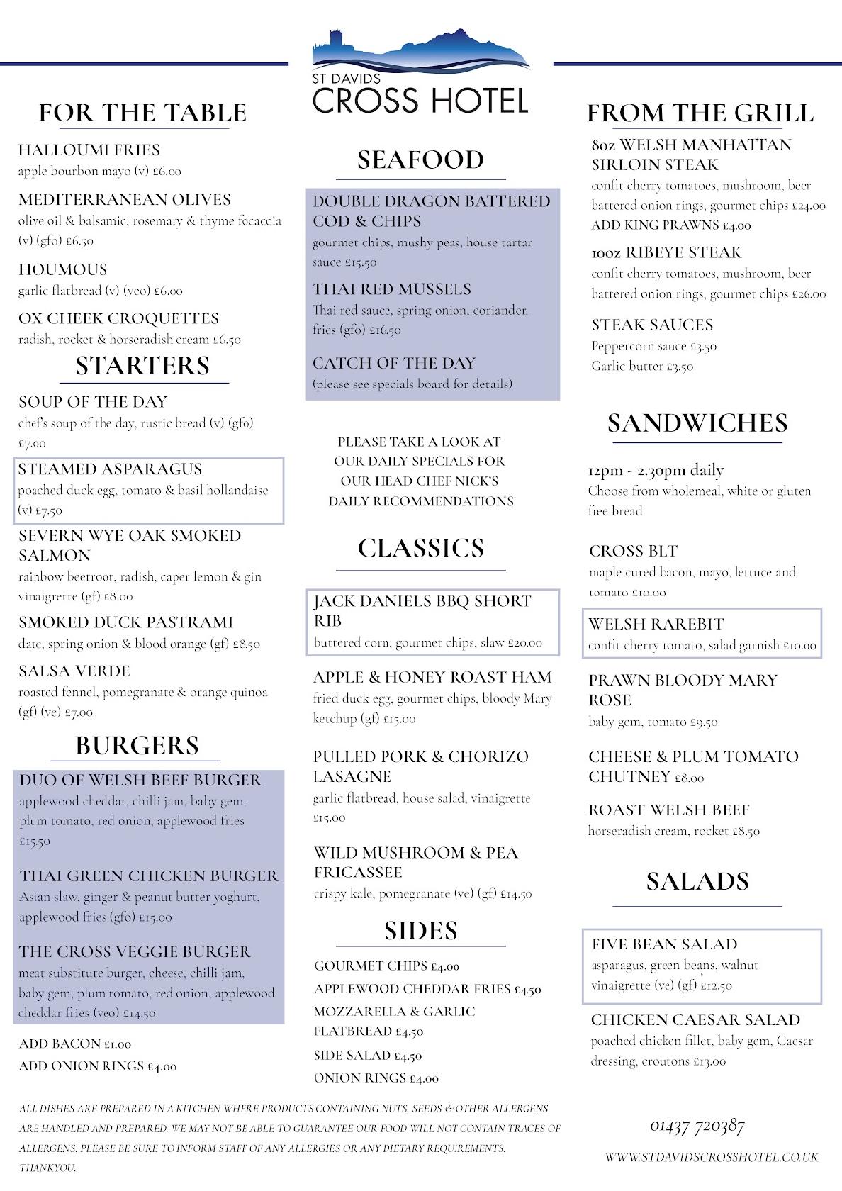 Menu at St. Davids Cross Hotel pub & bar, Saint Davids