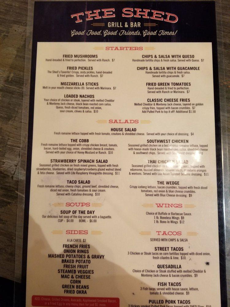 Menu at The Shed Grill & Bar Kingfisher, Kingfisher