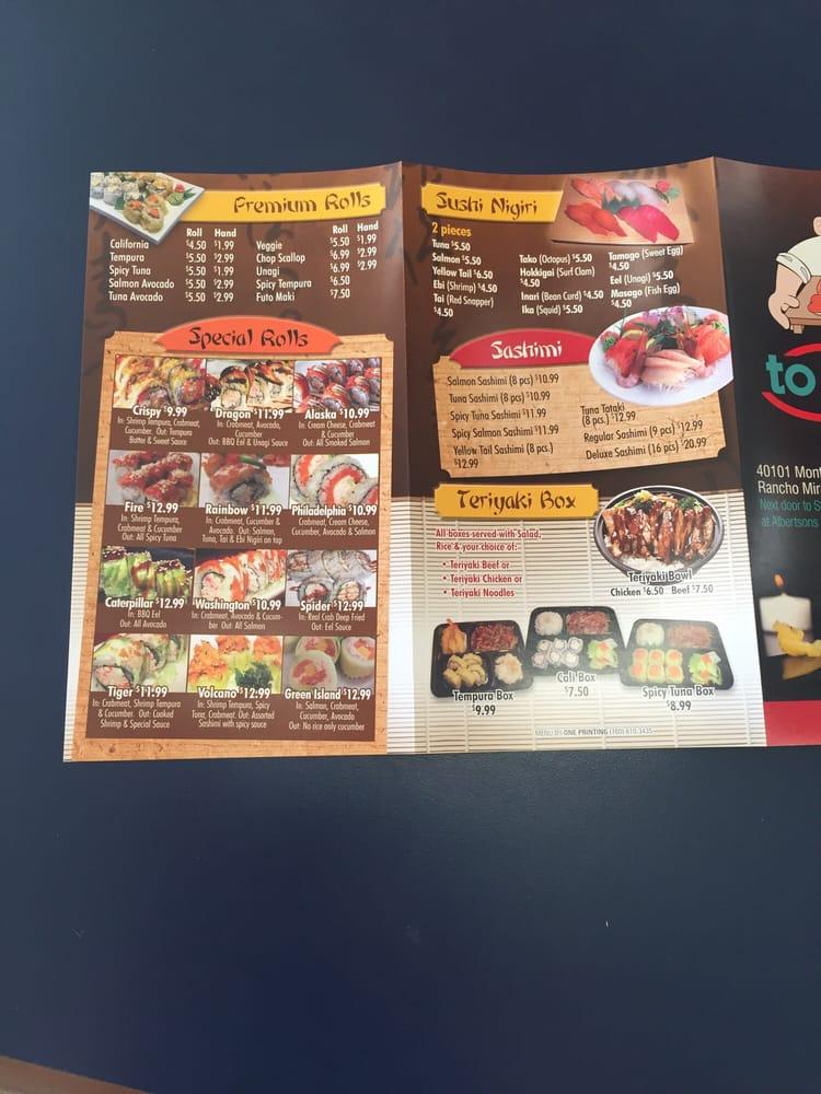 Menu at To Go Sushi restaurant, Rancho Mirage