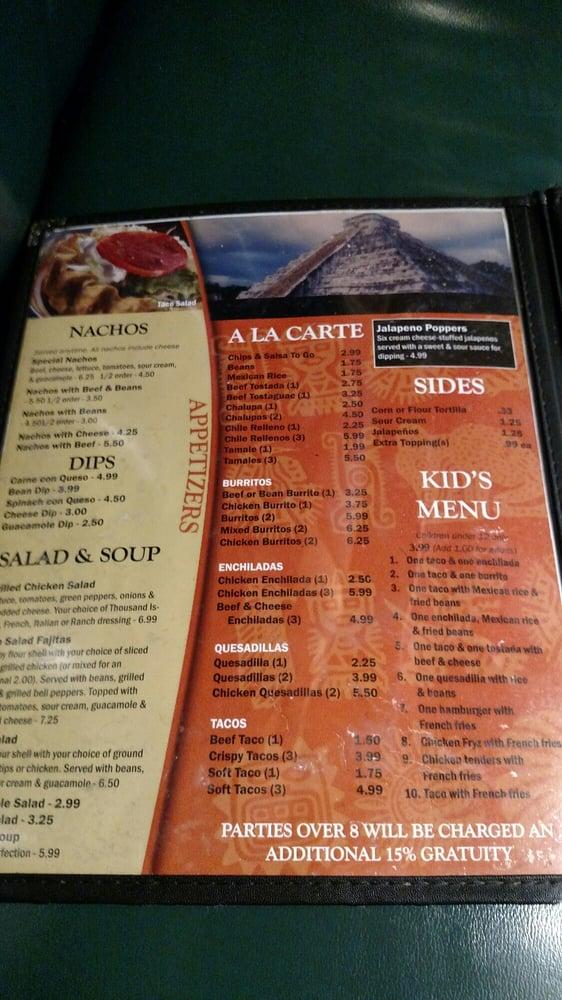 Menu at Yucatan Restaurant, Sumter
