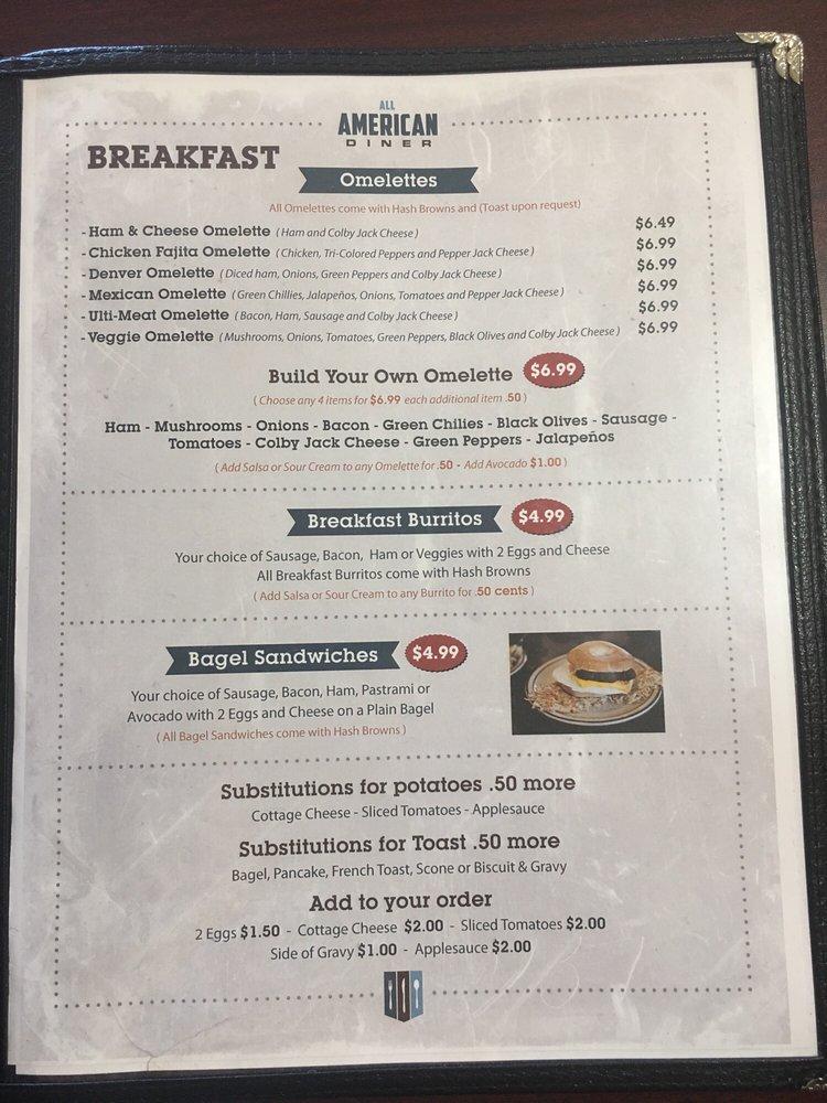 Menu at All American Diner restaurant, Cedar City