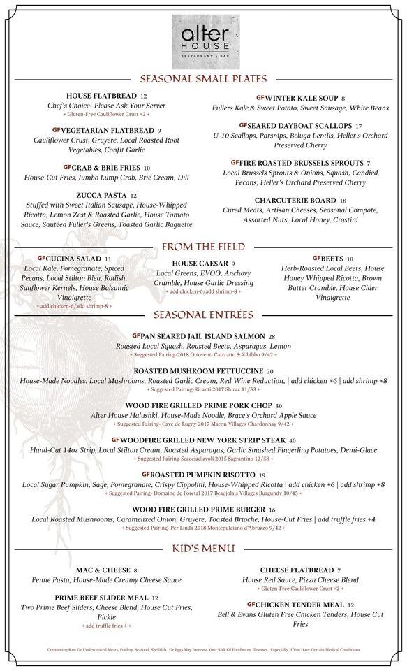 Carta de Alter House Restaurant & Bar, Clarks Summit