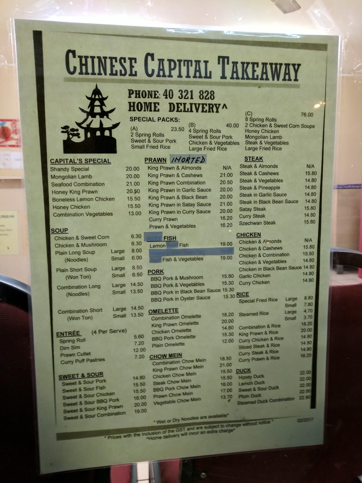 Menu at Chinese Capital Take-Away fast food, Manoora