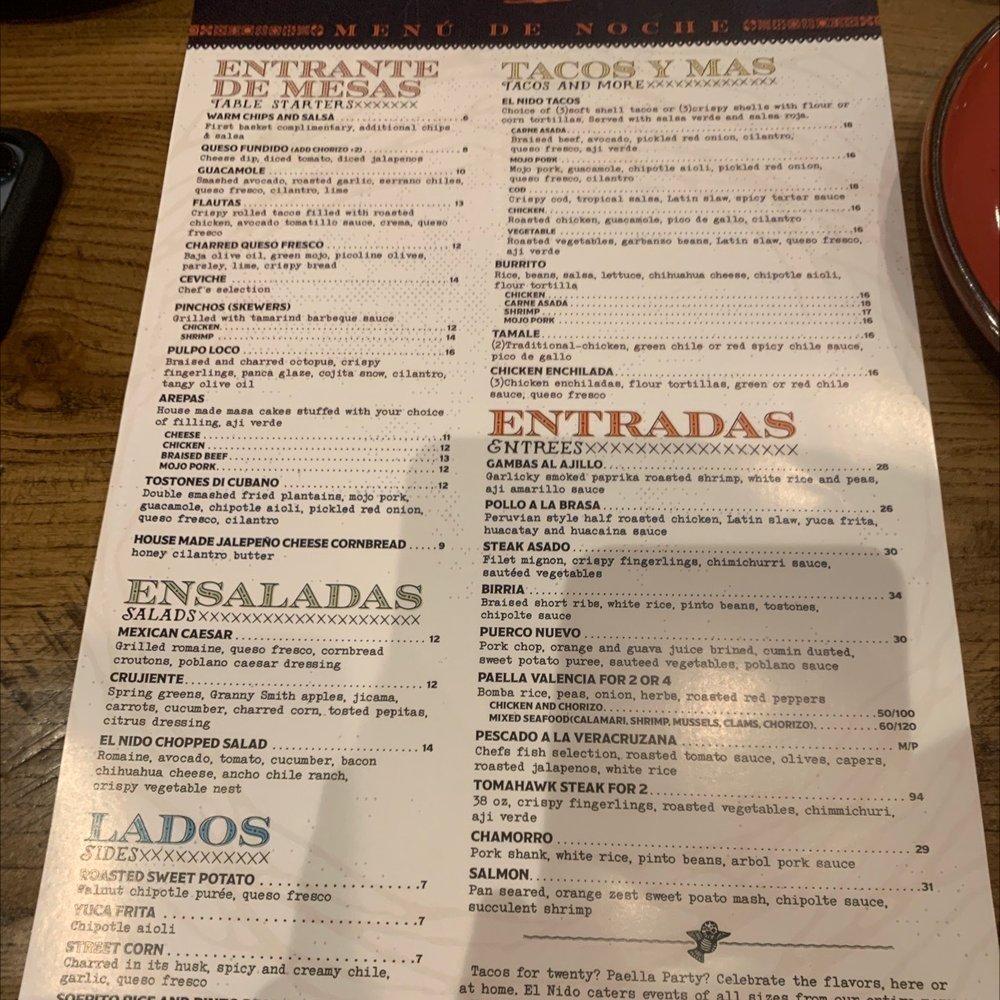 Menu at El Nido Modern Mexican pub & bar, Estero