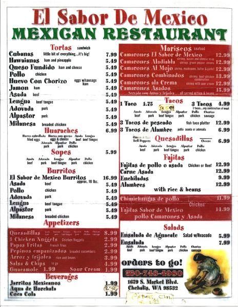 Menu at El Sabor De Mexico restaurant, Chehalis