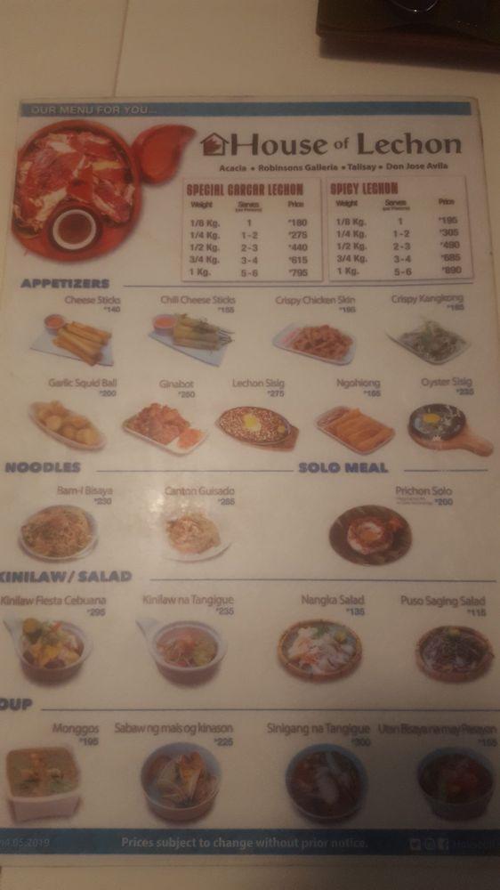 Menu at House of Lechon restaurant, Cebu City, Acacia St