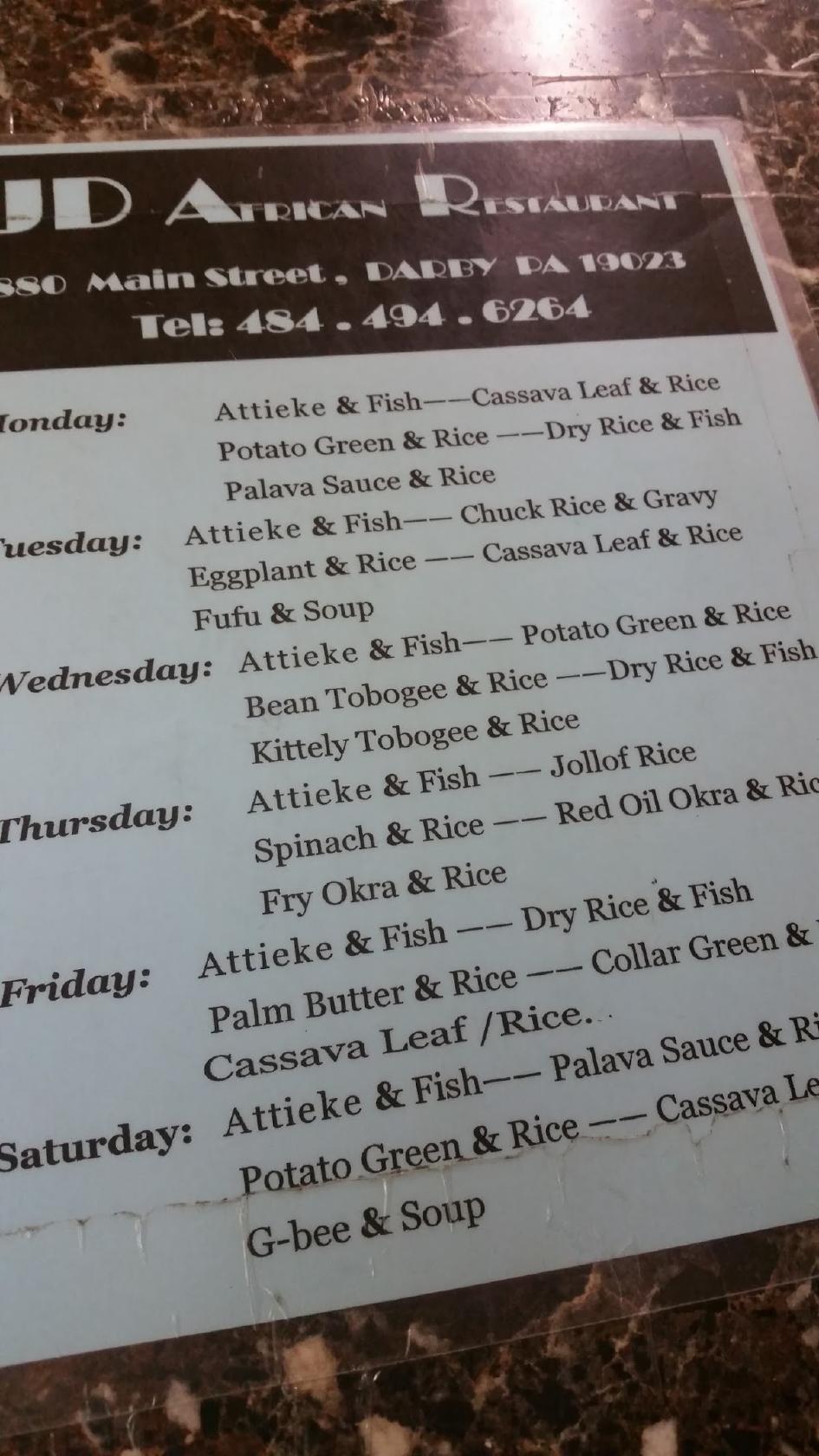 Menu at JD African Restaurant., Darby