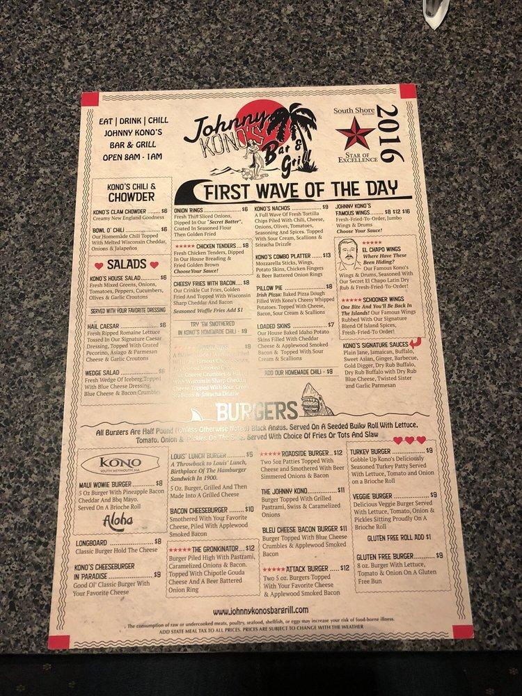 Menu at Johnny Kono's Bar & Grill, Weymouth