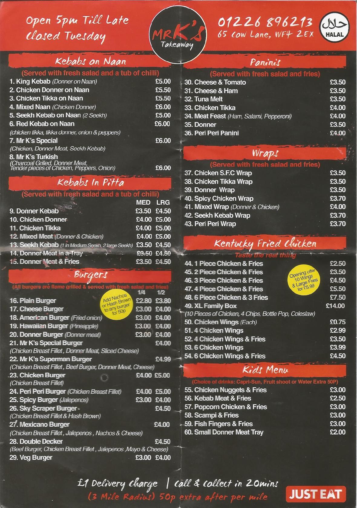 Menu at Mr K's Takeaway restaurant, Ryhill
