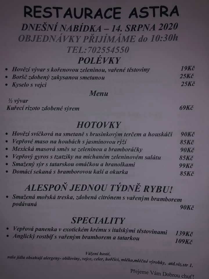 Menu at Tankovka Astra restaurant, Kadaň