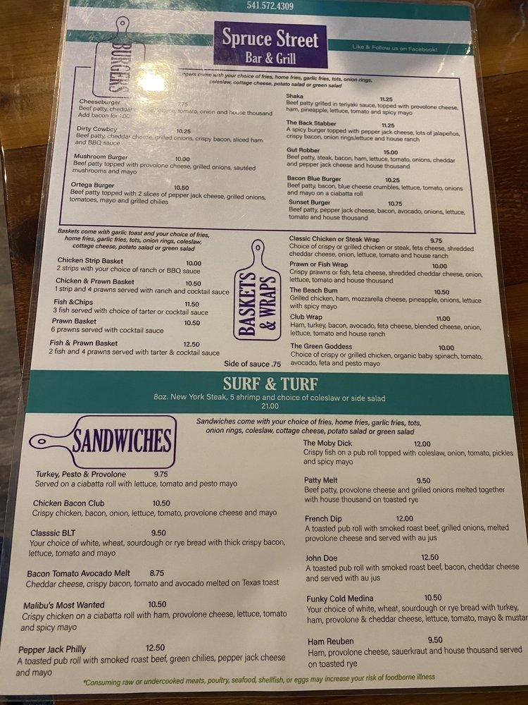 Menu at Spruce Street Bar & Grill, Myrtle Point