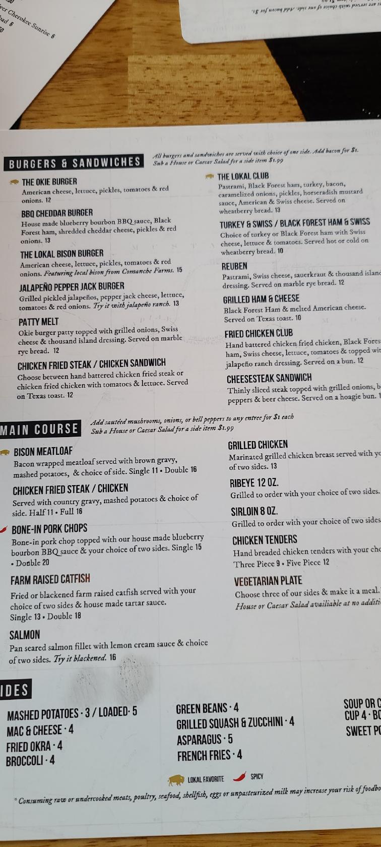 Menu at The Lokal Mustang pub & bar, Mustang
