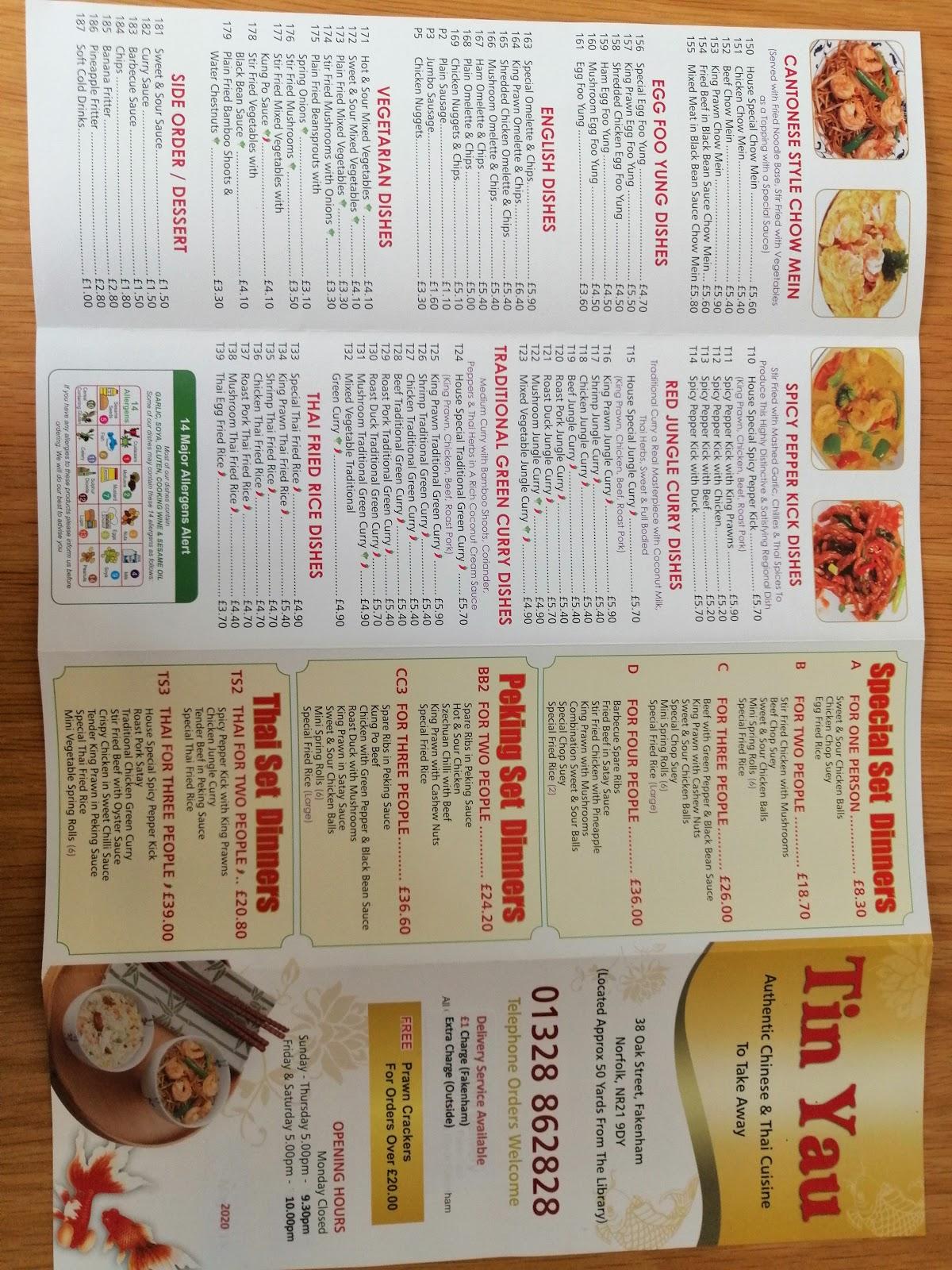 Menu at Tin Yau restaurant, Fakenham