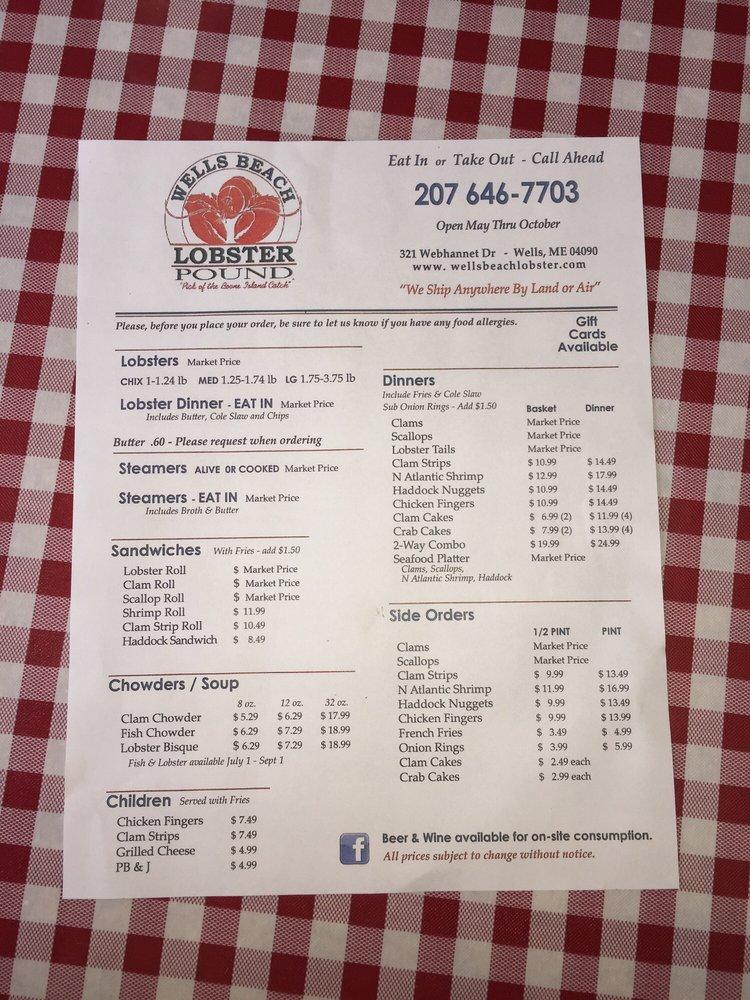 Menu at Wells Beach Lobster Pound restaurant, Wells