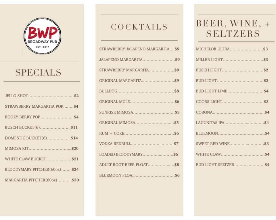 Menu at Broadway Pub, Streator
