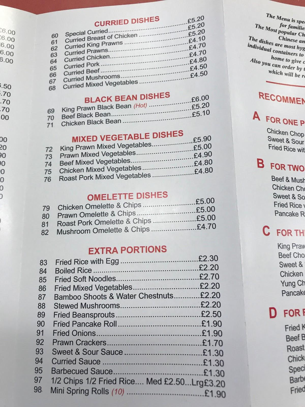 Menu at Chopsticks fast food, Barry