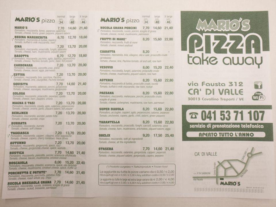 Menu da Mario's Pizza ristorante, Cavallino, Via Fausta