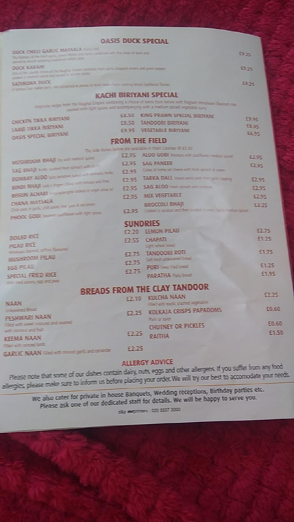 Menu at Oasis 2 Indian Restaurant, Stalham